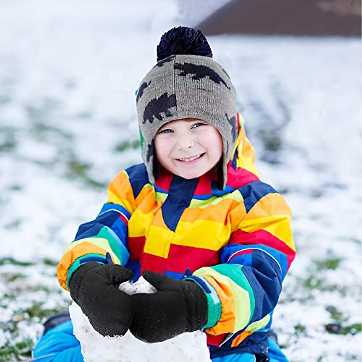 Syhood Toddlers Snow Gloves and Hats Knit Beanie Ski Earflap Hat and Gloves Baby Dinosaur Cap for Boy Girl (Black, 3-8 Years Old)