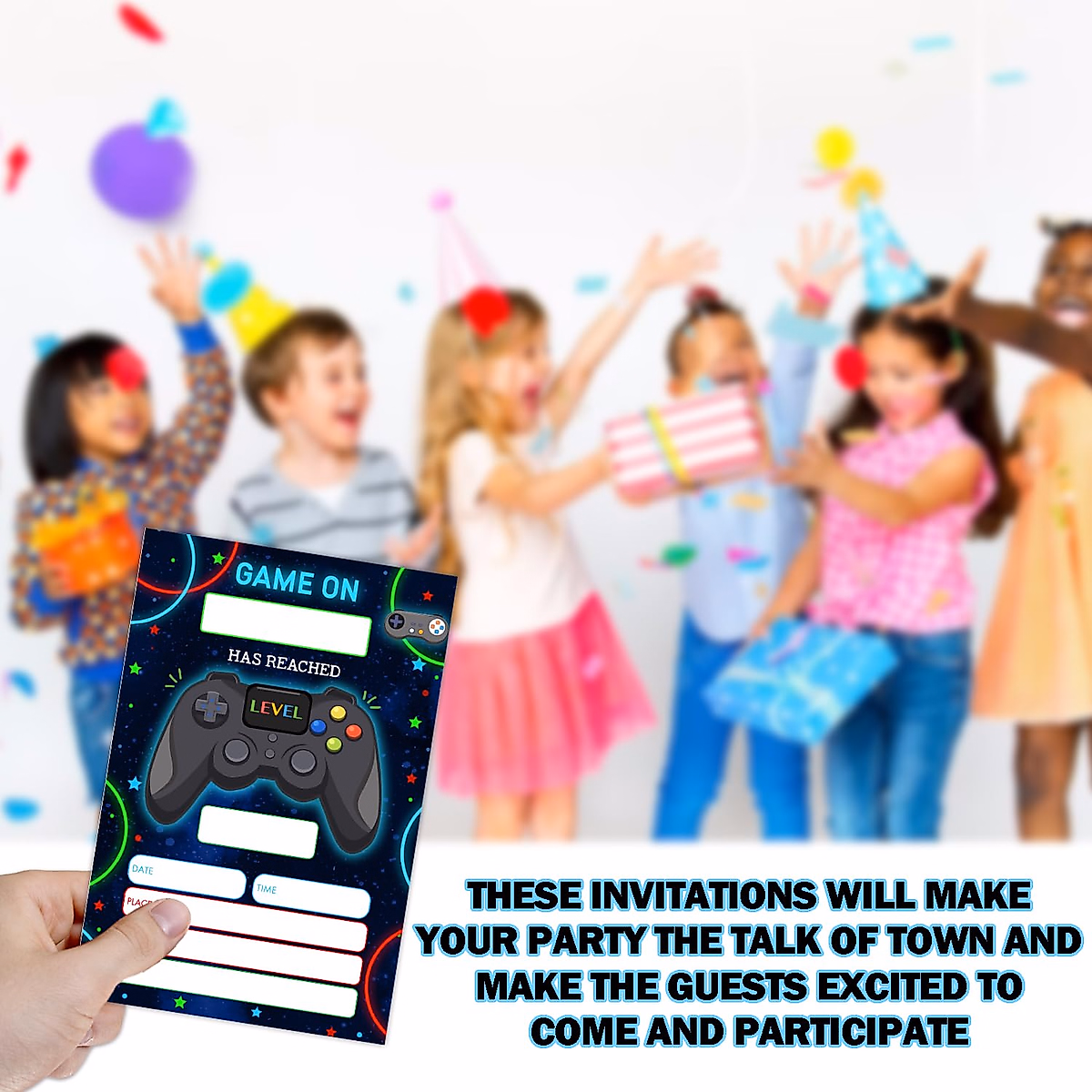 Neon light Arcade Party Invitations for Kids, Kids Game On Video Game Birthday Invitation Cards, Birthday Invites for Boys Teen, Kid's Party Decoration Supplies, 20 Invitations with Envelopes - JY606