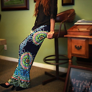 Uptown Apparel Womens Fold Over Waist Wide Leg Palazzo Pants, Good for Tall Curvy Women-Ships from U.S.A. (Small, Navy Tribal)