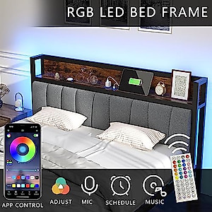 Queen Bed Frames with Drawers and Storage Headboard, Queen Platform Bed Frame with LED Light Strip, Upholstered Bed Frame Queen Size with 2 USB Charging Station, No Box Spring Needed, Easy Assembly