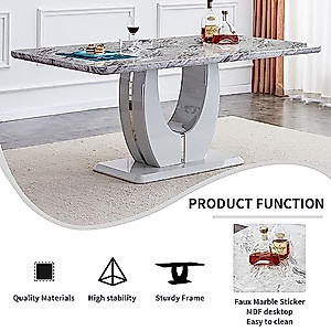 JUFU Faux Marble Dining Room Table Set for 8,Rectangula Kitchen Table Set with Faux Marble Tabletop＆6 Pu Leather Upholstered Chairs Ideal for Dining Room, Kitchen (White, 71'')