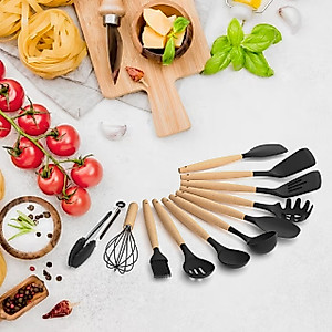 LaGrace O Naturel 12 Pcs Non-stick Silicone Kitchen Utensil Set – Wooden Spoons For Cooking - 446°F Heat Resistant Turner Tongs, Spatula, Spoon, Brush,