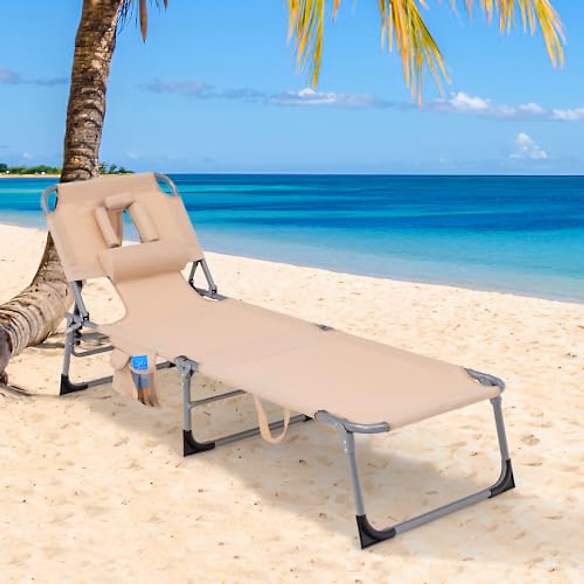 Goplus Tanning Chair, Folding Adjustable Patio Lounge Chair with Face Hole, Removable Pillow, 330LBS, Carry Strap, Outdoor Sunbathing Chair, Lightweight Portable Beach Lounge Chair (1, Beige)