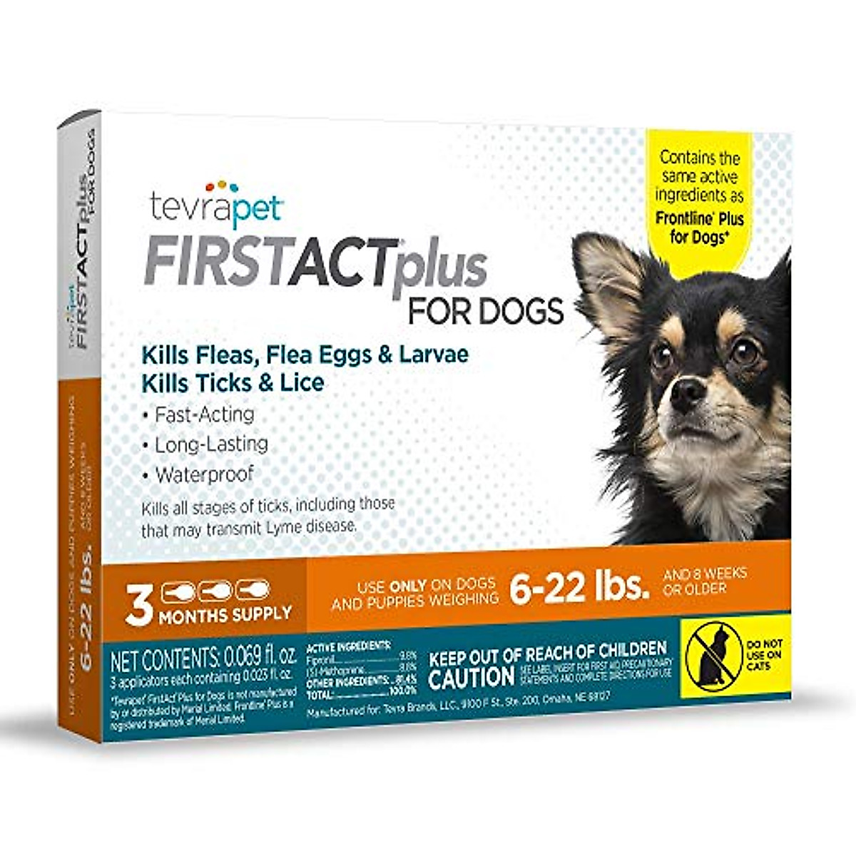 TevraPet FirstAct Plus Flea and Tick Prevention for Small Dogs 6-22 lbs, 3 Monthly Doses, Topical Drops