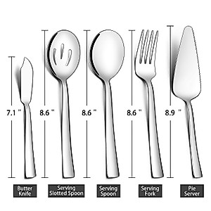 Homikit 5-Piece Silverware Serving Utensils Set, Stainless Steel Square Flatware Hostess Set Include Pie Server Serving Spoons Butter Knife Serving Fork, Dishwasher Safe, Mirror Polished