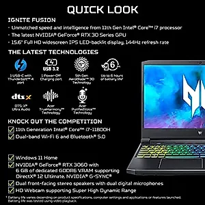 Acer Predator Helios 300 Gaming Laptop | Intel i7-11800H | NVIDIA GeForce RTX 3060 Laptop GPU | 15.6" Full HD 144Hz 3ms IPS Display | Killer WiFi 6 | RGB Keyboard| 16GB RAM | 512GB SSD - W/Mouse Pad