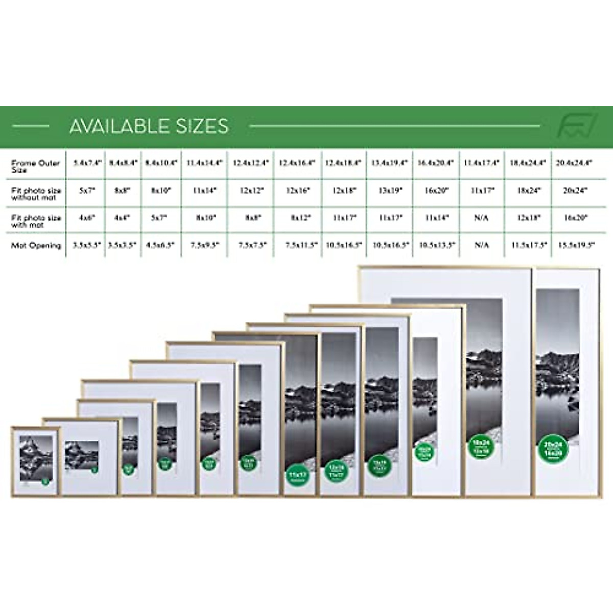 FrameWorks 11”x14” Matted to 8”x10” – Deluxe Brass Gold Aluminum Contemporary Picture Frame with Tempered Glass and Removable Mat