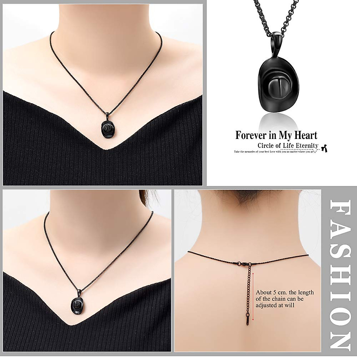 Hearbeingt Cowboy Hat Stainless Steel Cremation Urn Pendant Necklace Memorial Ash Urn Jewelry (Black)