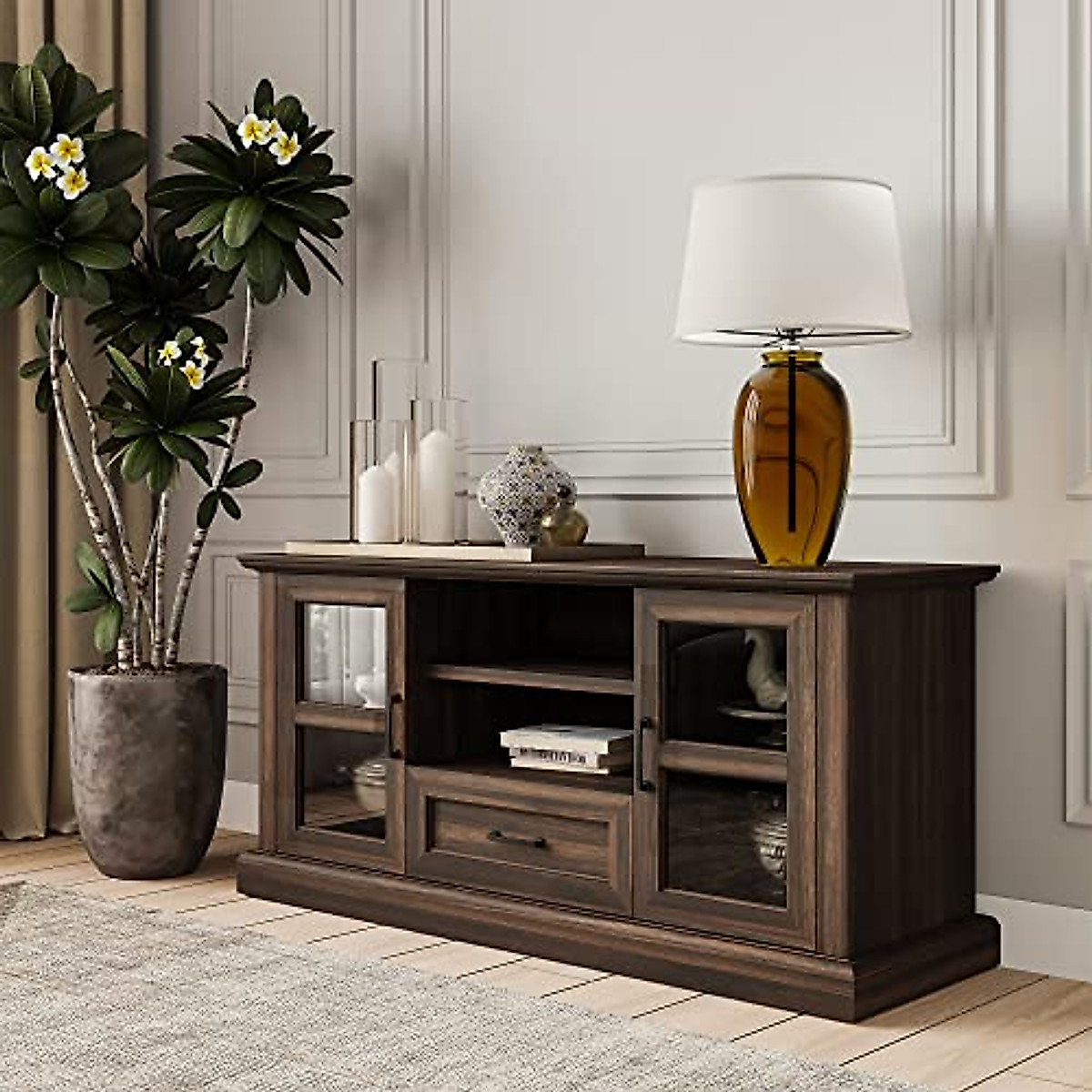 BELLEZE 62" Rustic Modern Sideboard Buffet Storage with Window Pane Glass Cabinet Doors and Adjustable Shelves - Trussati (Dark Walnut)