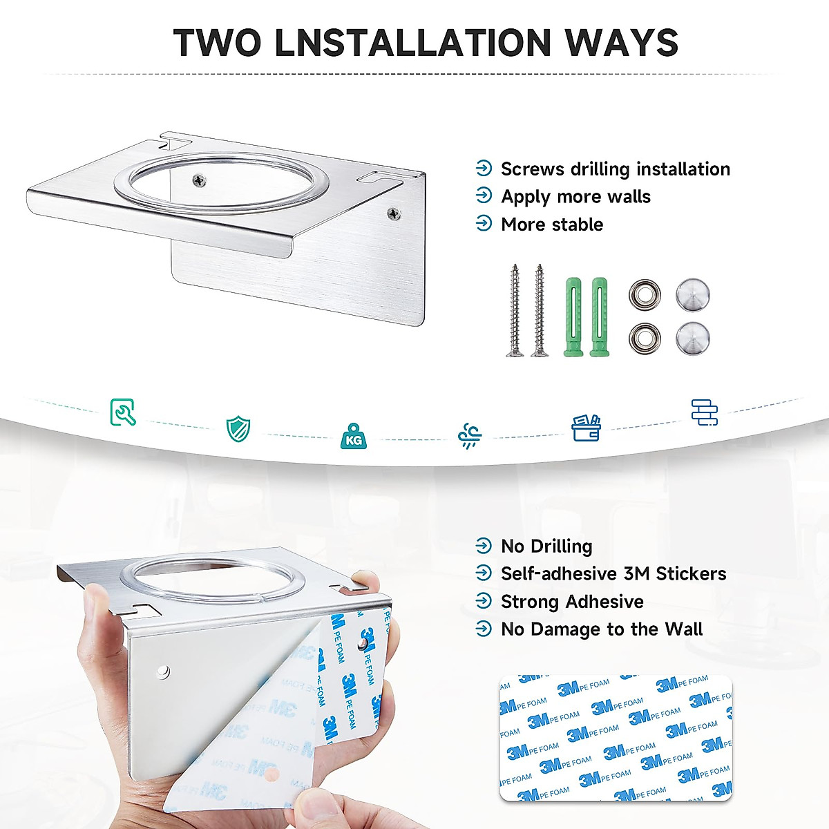 Hair Dryer Holder Wall Mounted, Hair Tool Organizer for Blow Dryer Holder Stainless Steel, Bathroom Hairdryer Holder, Adhesive Hair Dryer Organizer Storage, Hair Dryer Hanger for Vanity Barber Shops