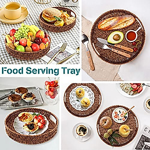 Set of 2 Rattan Serving Tray Round Rattan Basket Trays with Handles for Breakfast, Large Woven Decorative Tray for Coffee Table, Kitchen, Bathroom (12.6in + 13.8in)