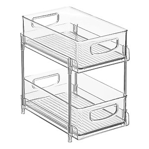 Nate Home by Nate Berkus 2-Tier Sliding Plastic Pull-Out Shallow Drawer Organizer | 2 Bins, Kitchen Cabinet Organizer and Pantry Storage from mDesign - Clear/Polished Stainless Steel