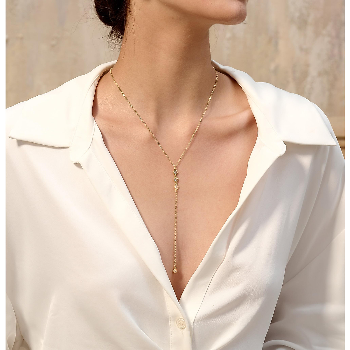 Tewiky Lariat Necklace , Simple Long Dainty Gold Necklace for Women Trendy 14k Gold Plated CZ Diamond Drop Cute Aesthetic Y Necklace Fashion Jewelry Gifts