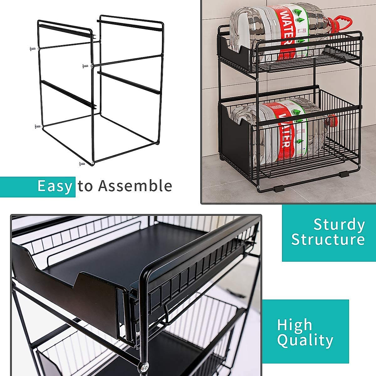 KirinRen Stackable 2-Tie Under Sink Cabinets Organizer With Sliding Storage Drawer, Pull Out Cabinets Organizer Shelf, Sliding Basket Organizer Drawer For Kitchen, Bathroom, Office (black)