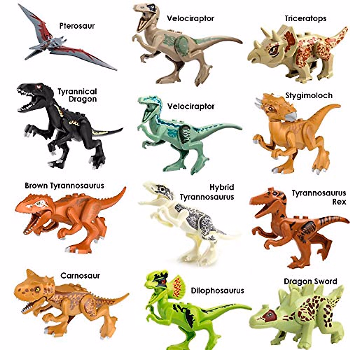 Toysvill Compatible Dinosaurs Mini Figures for Jurassic World Building Blocks Toys (Set of 20 Pieces) with Moving Parts. T Rex, Dragon Sword, Pterodactyl, Tyrannical Dragon, Stygimoloch et al.