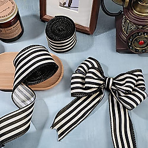 2 Rolls 20 Yard Black and White Stripes Wired Edge Ribbon Rustic Ivory Ribbon Boho Ribbon for DIY Crafts Home Decor Gift Wrapping Bow Wreath Making Christmas Wedding Party Decorations (2 Inch)