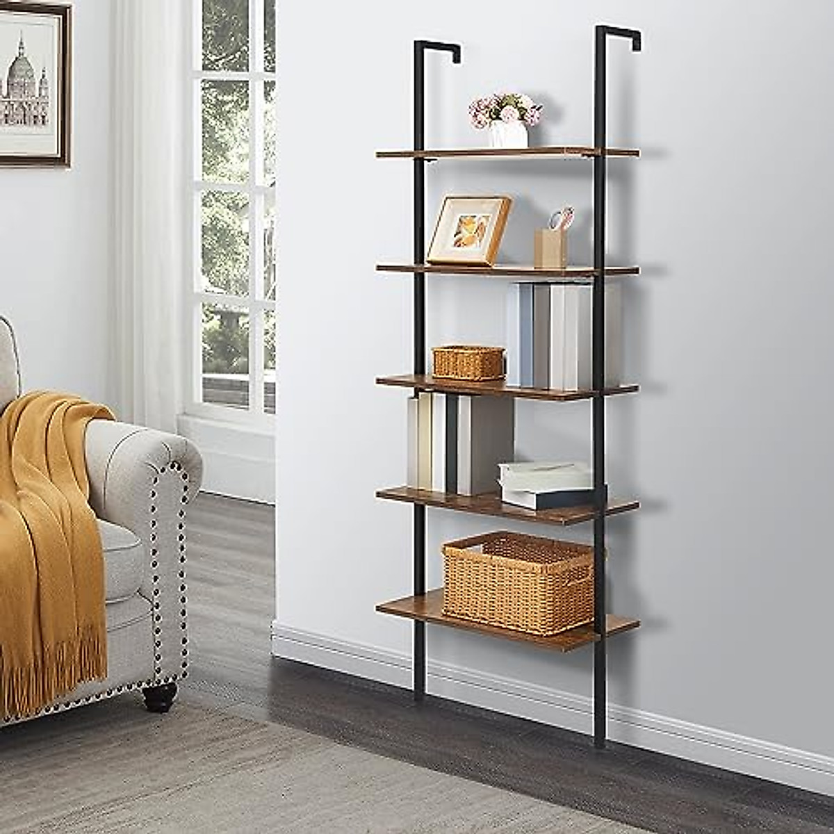 MoNiBloom 5-Tier Bookshelf Wall Mounted, 72 Inches Ladder Shelf with Metal Frame for Living Room Decor and Storage, Rustic Brown