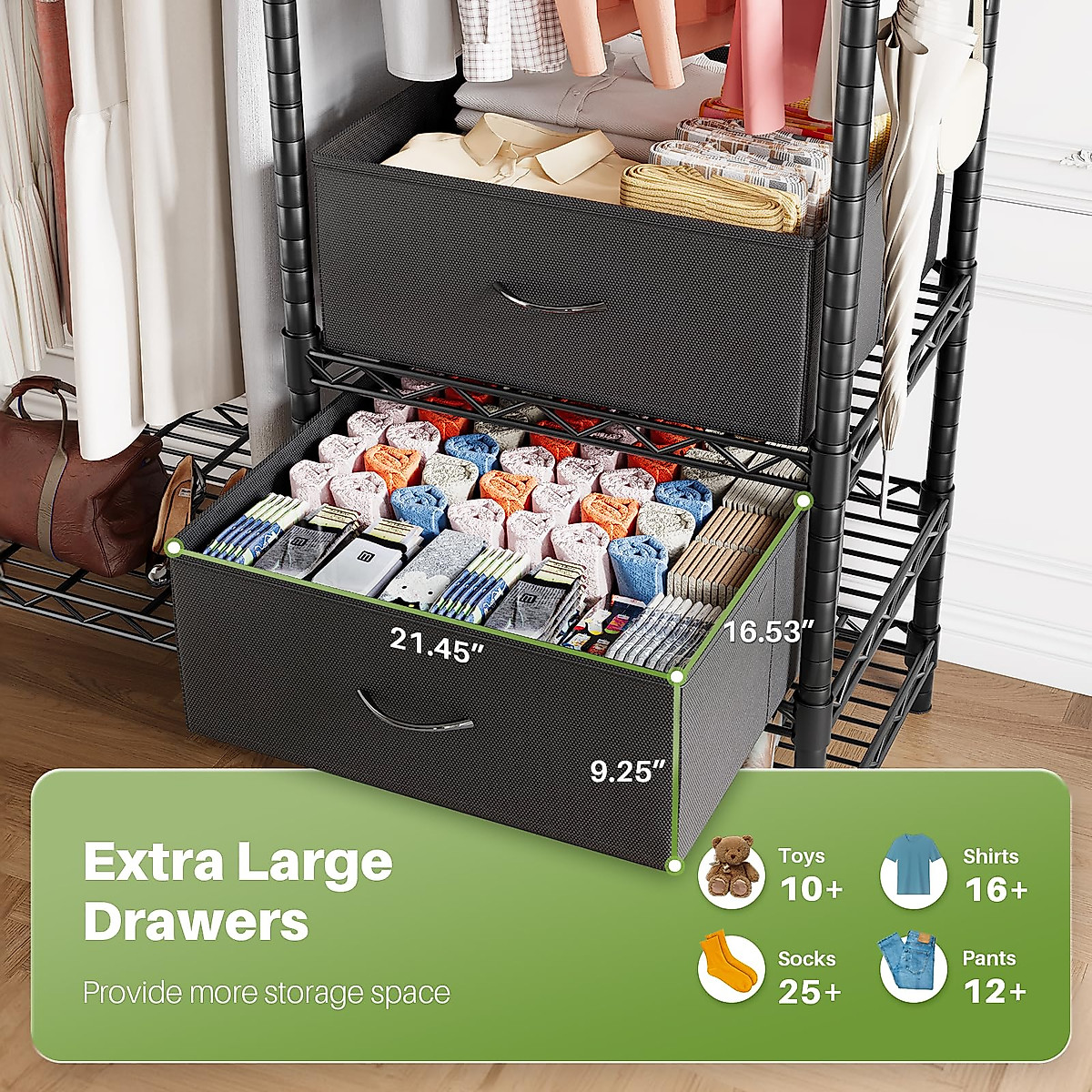 HOKEEPER Clothes Rack Heavy Duty Clothing Rack for Hanging Clothes Loads 1200LBS, Portable Closets Adjustable Garment Rack with Detachable Drawers, Side Mesh Board and Hooks 46.3"Wx16.9"Dx76.2"H Black