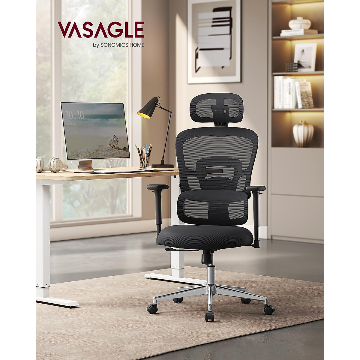 VASAGLE Ergonomic Office Chair, High Back Desk Chair, Mesh Computer Chair with Height Adjustable Lumbar Support, Adjustable 3D Headrest and Armrests, for Home Office, Ink Black UOBN070B21
