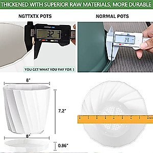 8 Inch Plastic Flower Pots Set 5 Pack with Drainage Holes and Saucers, Tray. Large Planters for Indoor Plants, House, Outdoor Plants, Orchid. Unique Decorative Planting Pots, White