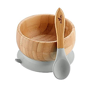 Avanchy Bamboo Baby Bowl & Spoon - 5" x 3" + Avanchy Bamboo Baby Suction Plate - 7" x 2" (Gray)