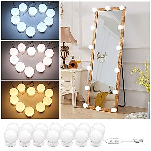 Mirror Lights Hollywood Style Makeup Vanity Lights for Mirror, 14 Dimmable Bulbs Vanity Lights Strip kit for Makeup Bathroom Wall Mirror Body Gift, 3 Color Modes (Mirror & USB Charger Not Include)