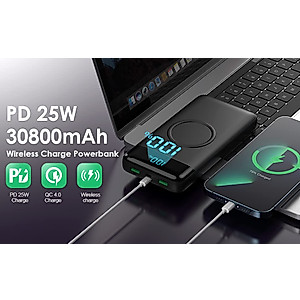 Wireless Portable Charger 30,800mAh 15W Wireless Charging 25W PD QC4.0 Fast Charging Smart LED Display USB-C Power Bank, 4 Output & 2 Input External Battery Pack Compatible with iPhone, Samsung etc