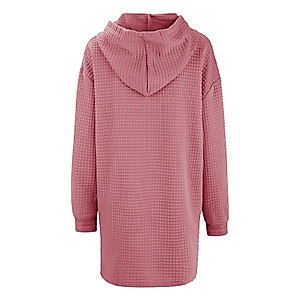 ZYXTIM Women Waffle Knit Sweatshirt Dress Plus Size Loose Fall Long Sleeve Hoodies Drwastring Pullover with Kangaroo Pocket Pink