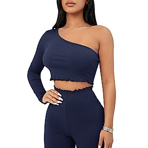 WDIRARA Women's 2 Piece Outfit One Shoulder Lettuce Trim Crop Top and Leggings Set Navy Blue M