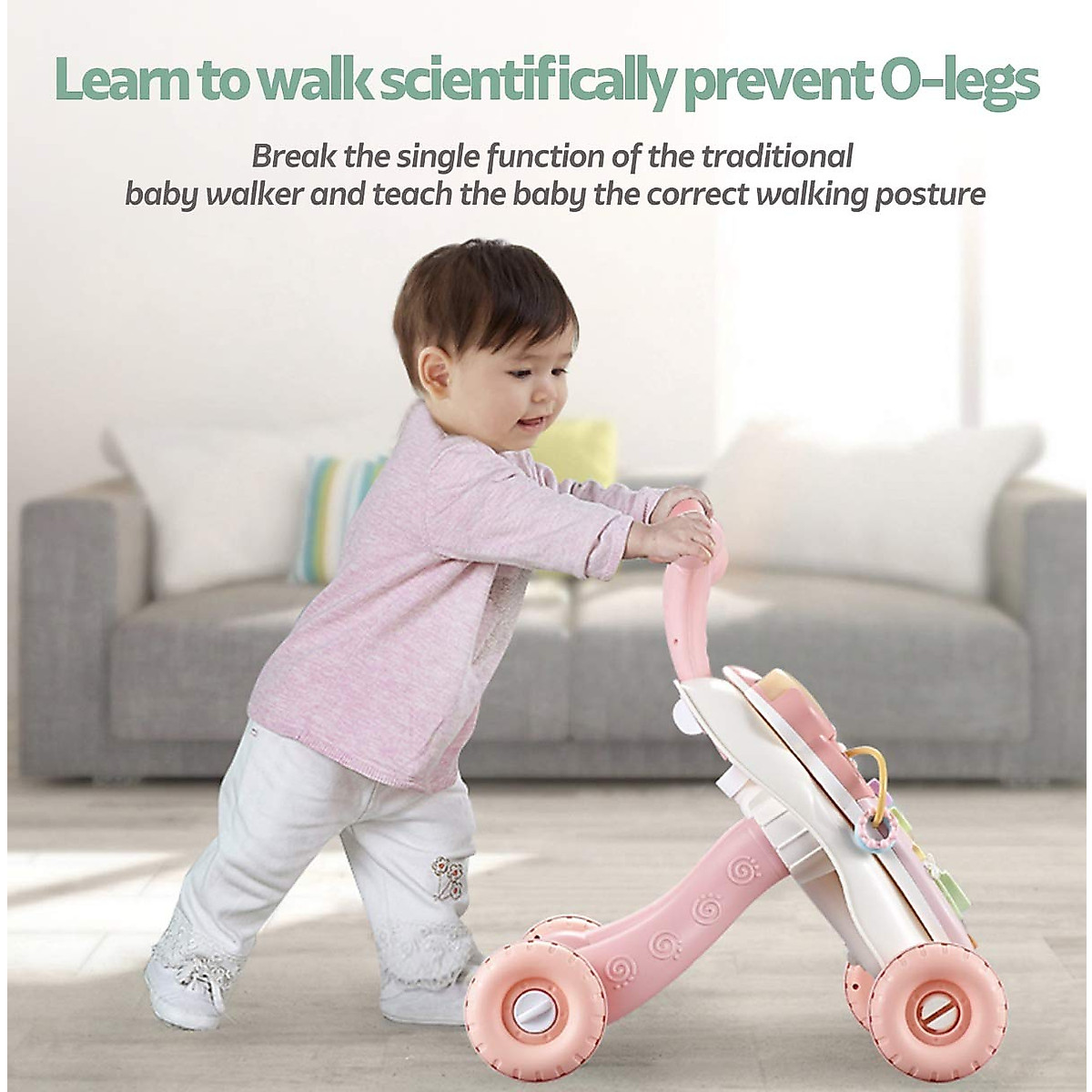 Baby Learning Walker Sit-to-Stand Baby Walker with Wheels Entertainment Table Kids Early Educational Activity Center, Baby Push Walkers for Boys and Girls, Pink