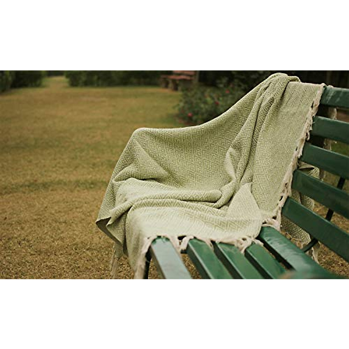 Cotton Throw Blanket Green Beige Chevron Patterned | Sofa Bed Couch Blankets with Fringe | Sage Chartreuse | Warm Lightweight | Decorative Living Room Home Decor | Farmhouse Picnic Beach Camping