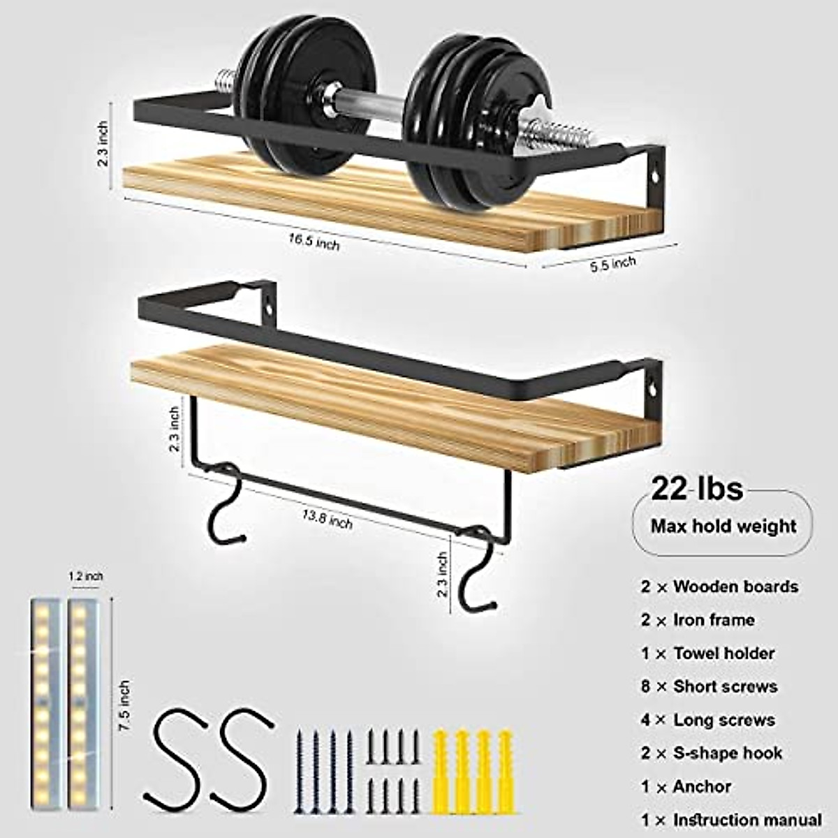 EAVA Floating Shelves, Lighted Wall Mounted Shelves,Paulownia Wood Wall Storage Shelves for Bathroom, Kitchen and Bedroom,Set of 2 with Removable Towel Holder and Hooks.