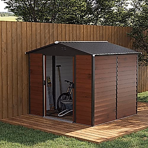 Outsunny 8' x 7' Outdoor Storage Shed, Garden Tool Metal Shed with Foundation Kit, Double Lockable Door, Air Vents and Sloping Roof, for Backyard, Patio, Lawn, Teak