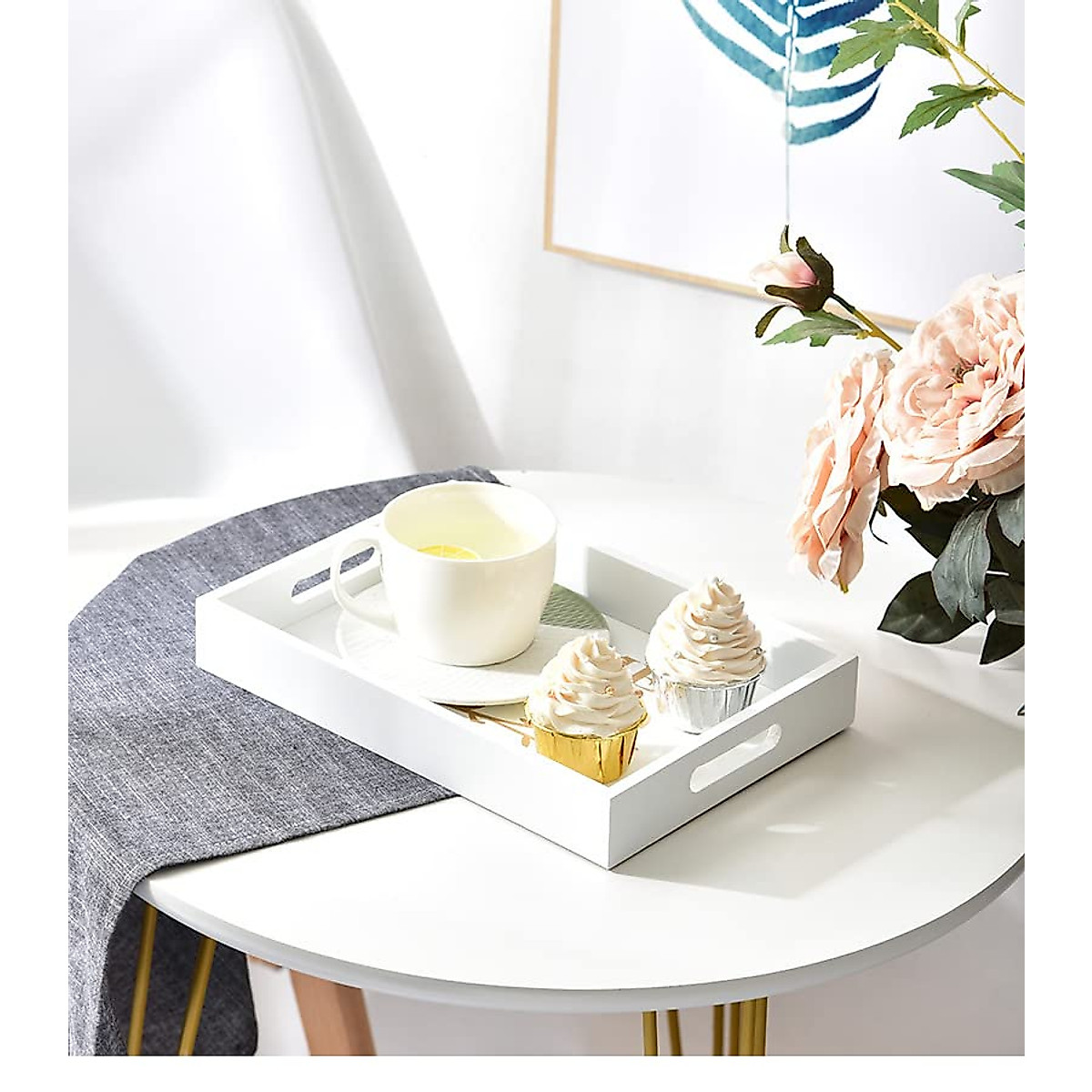 Hanobe White Decorative Coffee Tray: Coffee Table Trays for Living Room Wood Trays Home Decor Farmhouse Rectangular Serving Tray with Cutout Handles