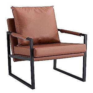 Goohome Mid Century Modern PU Leather Accent Chair Single Sofa,Cozy Upholstered Armchair Living Room Furniture,ReadingChair W/Metal Frame Extra-Thick Padded Backrest, Seat Cushion, Anti-Slip Footpad