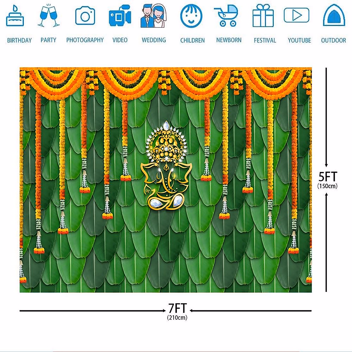 Ticuenicoa India Pooja Traditional Backdrop 7x5ft Banana Leaf Green Chatiya Ganesh Photography Background Puja Ganpati Pooja Mehndi backdrops Wedding Party Decorations Marigold Garlands Photo Props