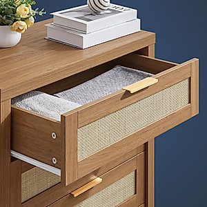 OAKHAM HOME 5 Drawer Dresser, Rattan Dresser for Bedroom with 5 Storage Drawers, Tall Dresser Chest of Drawers for Closet Bedside, Living Room Hallway 17.7" D x 29.5" W x 46.7" H, Weathered Oak