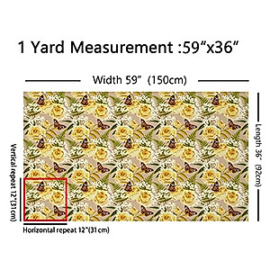 Rose Fabric by The Yard, Butterfly Floral Upholstery Fabric, Romantic Retro Decor Fabric, Botanical Animal Indoor Outdoor Fabric, Elderberry Fern Leaves Waterproof Fabric, Yellow Green, 2 Yards