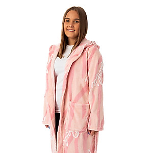 Barbie Womens Hooded Bathrobe | Ladies Pink All over Print Dressing Gown | Fashion Wave Print Fleece Loungewear Bathrobe