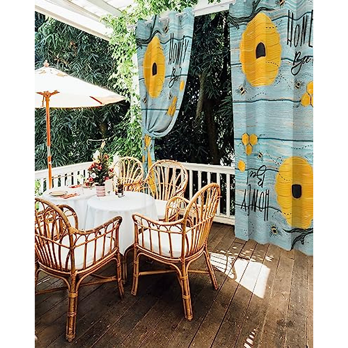 Outdoor Curtains for Patio 2 Panels Set Honey Bee Beehive Under Branch Blue Wooden Plank Waterproof Privacy Outside Curtain Sun Blocking Grommet Drapes for Porch Gazebo Pergolas Balcony 52x108 Inch