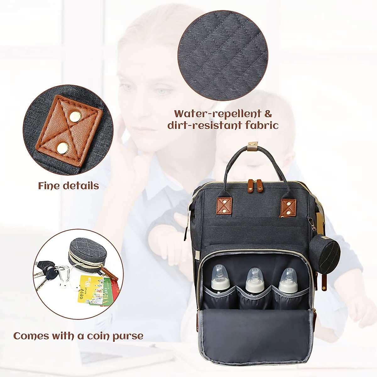 WCHOSOZH Diaper Bag Backpack, Large Diaper Bag with Portable Changing Pad, Travel Baby Bag with Stroller Straps for Mom & Dad (Grey)