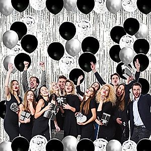 Black and Silver Party Decorations Kit, Silver Foil Fringe Curtain Backdrop, Black and Silver Balloons Set, Graduation Party Decorations 2023, Black and Silver Birthday Party Supplies