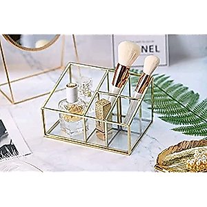 PuTwo Makeup Organizer Vintage 5 Compartments Glass & Metal Cosmetic Organizer Brass Makeup Storage for Makeup Brushes Perfume Lipsticks Nail Polish Makeup Holder for Dresser Vanity Countertop - Gold