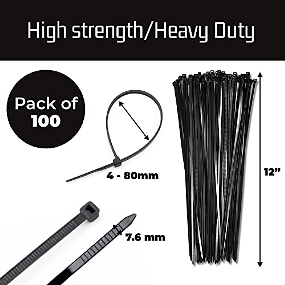 12" Black Zip Cable Ties (100 Pack), 120lbs Tensile Strength - Heavy Duty, Self-Locking Premium Plastic Cable Wire Ties for Indoor and Outdoor by Bolt Dropper (Black)