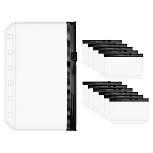 Mogoostry A7 Zipper Pockets 12PCS 6 Holes Binder Pockets Black Zipper Cash Envelopes Pocket A7 Loose-Leaf Zipper Binder Pouch Bag for 6-Ring Journal Budget Folder