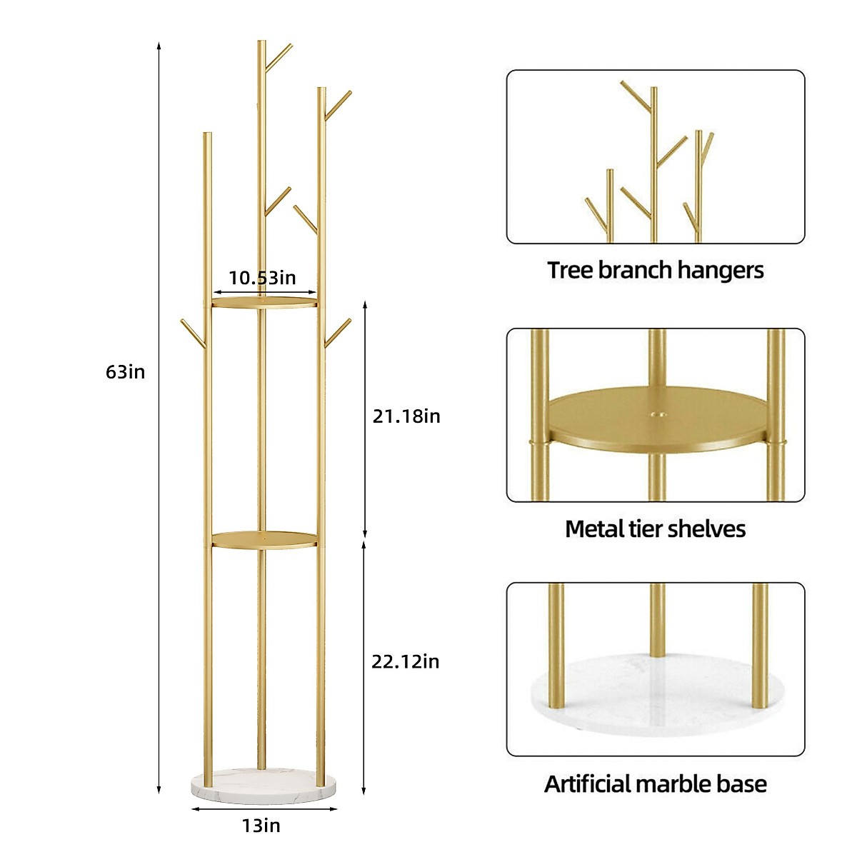 HKaikzo Gold Coat Rack Stand, Metal Coat Racks Tree Hanger Freestanding with 3 Storage Shelves and 9 High-grade Hooks and Stable Marble Base, for Jackets、Hat、Umbrella