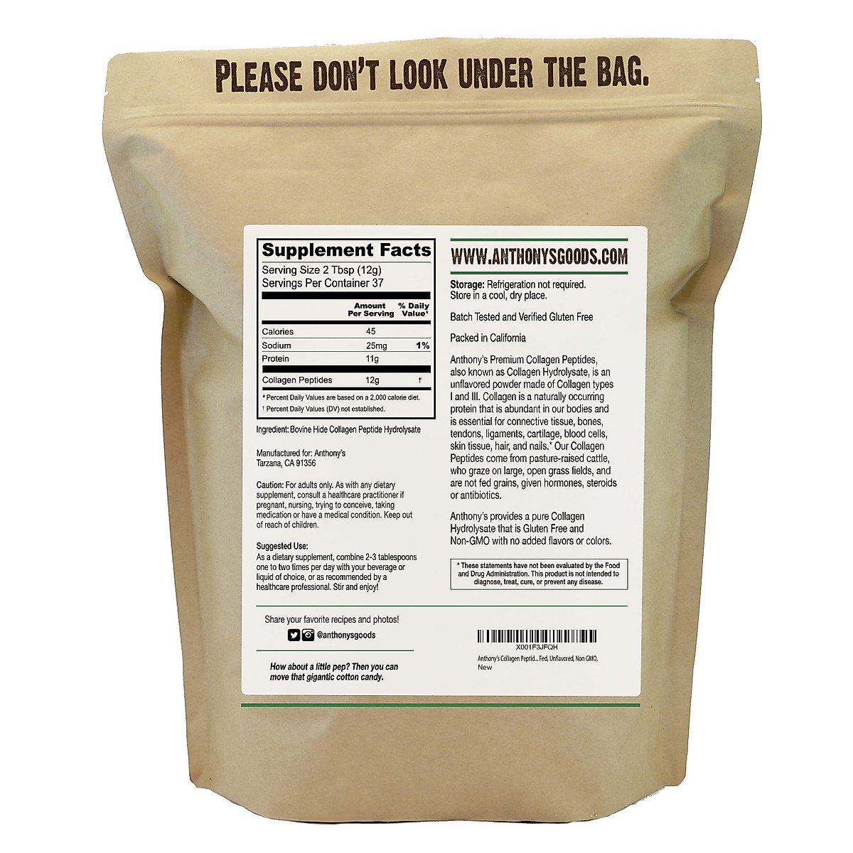 Anthony's Collagen Peptide Powder, 1 lb, Pure Hydrolyzed, Gluten Free, Keto and Paleo Friendly, Grass Fed, Unflavored, Non GMO