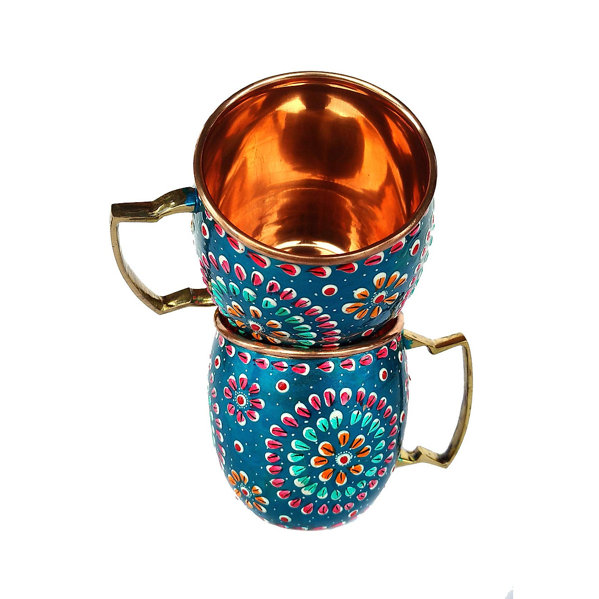 Rastogi Handicrafts Handmade Pure Copper Outer Hand Painted Art Work Wine, Vodka, Beer,Cocktail,Juice, Cold Coffee Mug - Cup 16 oz (2)