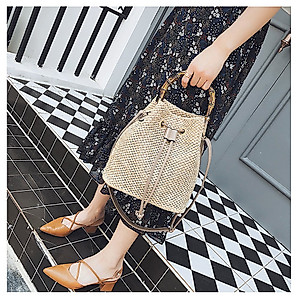 QZUnique Straw Bucket Bags for Women Top Handle Drawstring Woven Handbag Shoulder Bag Summer Beach Purses with Bamboo Handle
