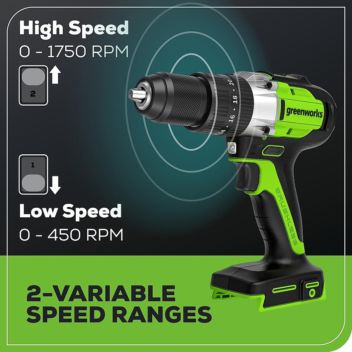 Greenworks 24V Brushless 1/2" Hammer Drill (530 in-lbs.) 2.0Ah Battery and Charger Included, DDG402